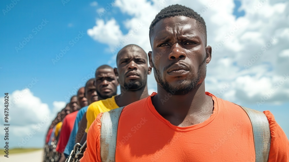Group of prisoners being led in shackles to a transport vehicle, Prison ...