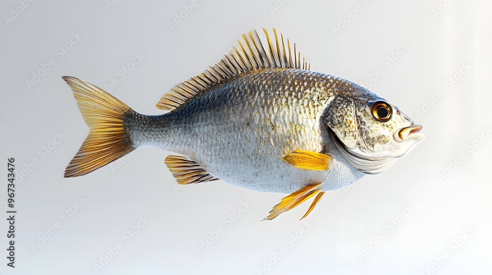 40. **A 3D render of a fresh sea bream falling, its shiny scales and ...