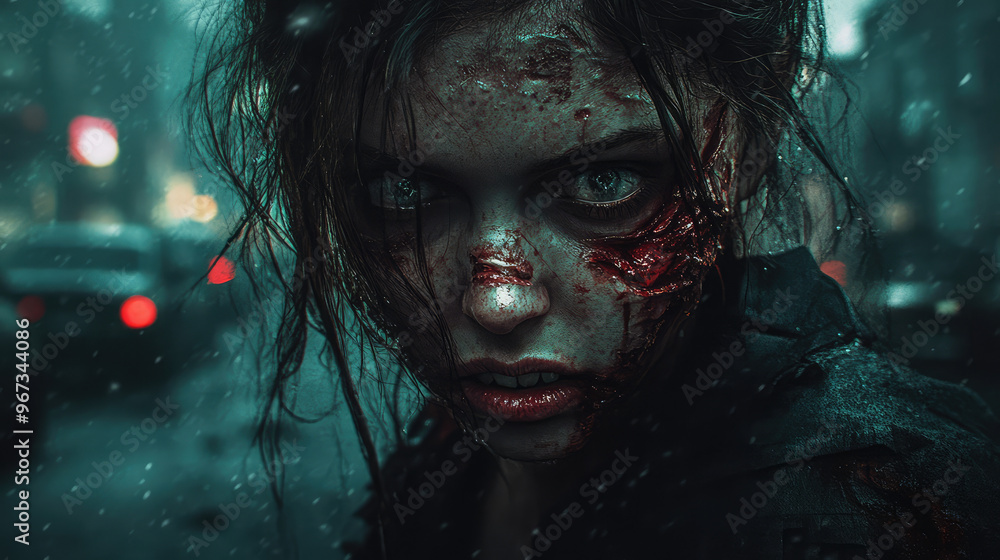 Female zombie face with blood dripping from her lips, torn flesh ...