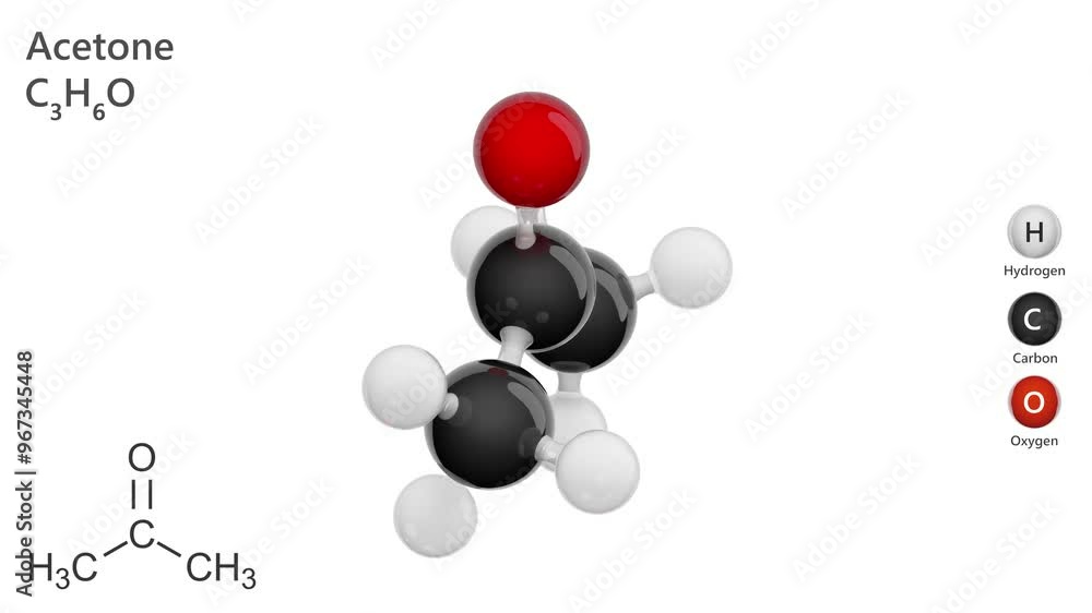 Acetone molecule C3H6O, a 3d chemical structure with a color code ...