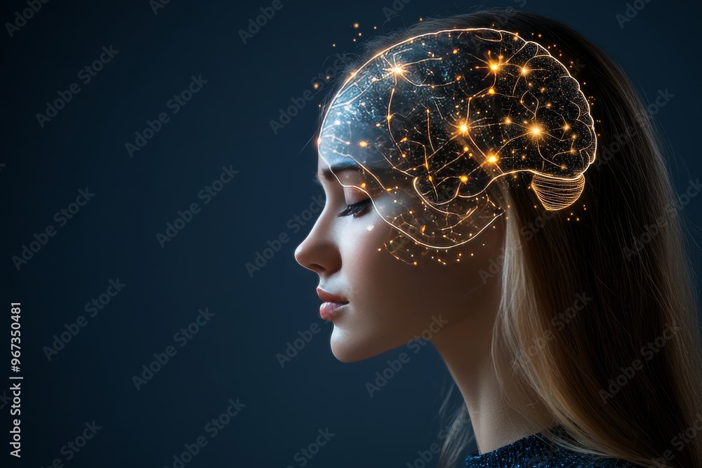 Mental flow brainwave technology neuron regeneration and brain simulation side profile of woman ...