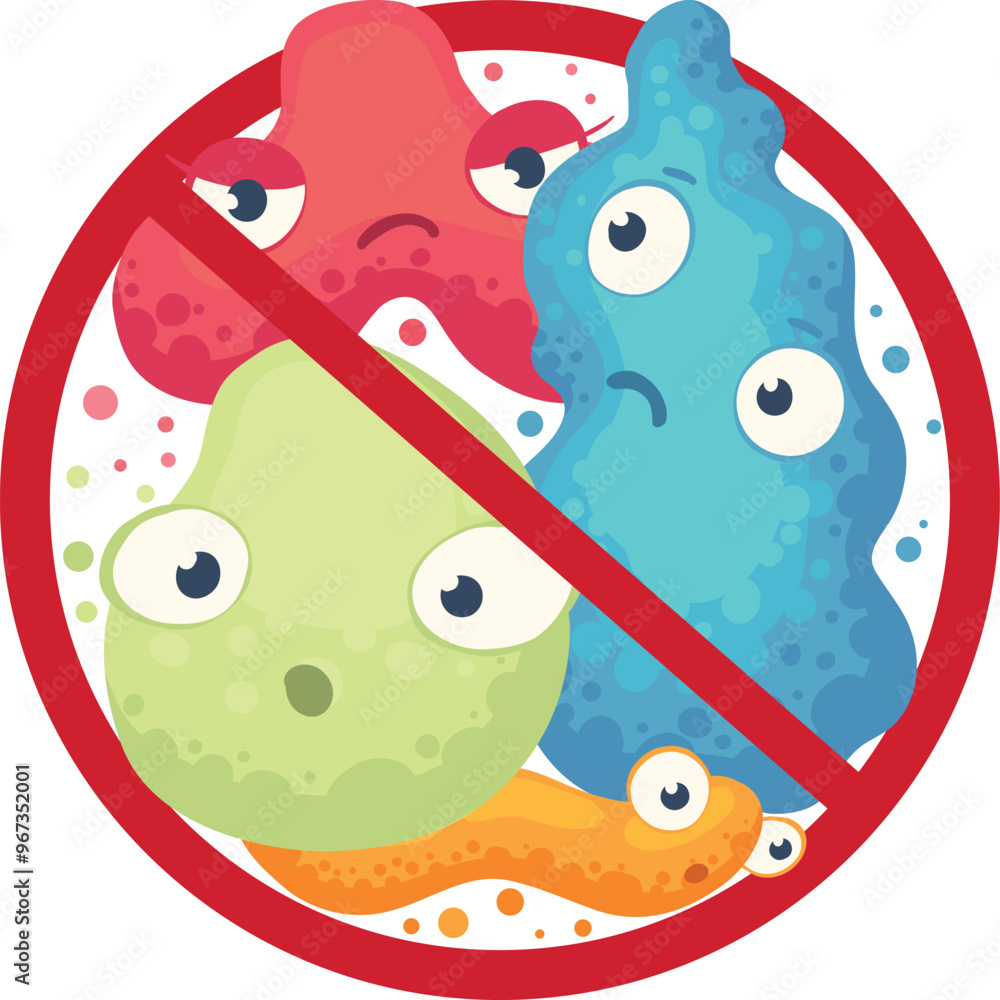 Bacteria in prohibition sign. Comic crossed out microbes and viruses ...