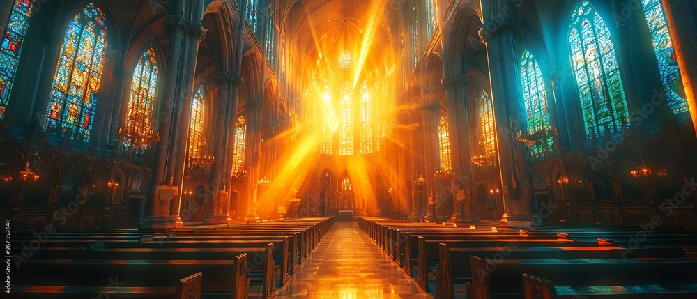 Stunning church interior with vibrant stained-glass windows and radiant ...