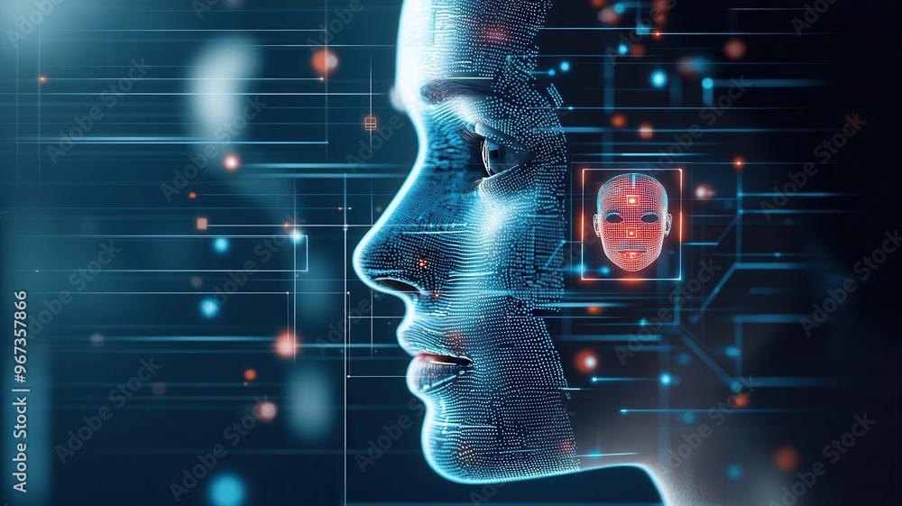 AIdriven facial recognition grid, with one face marked differently ...