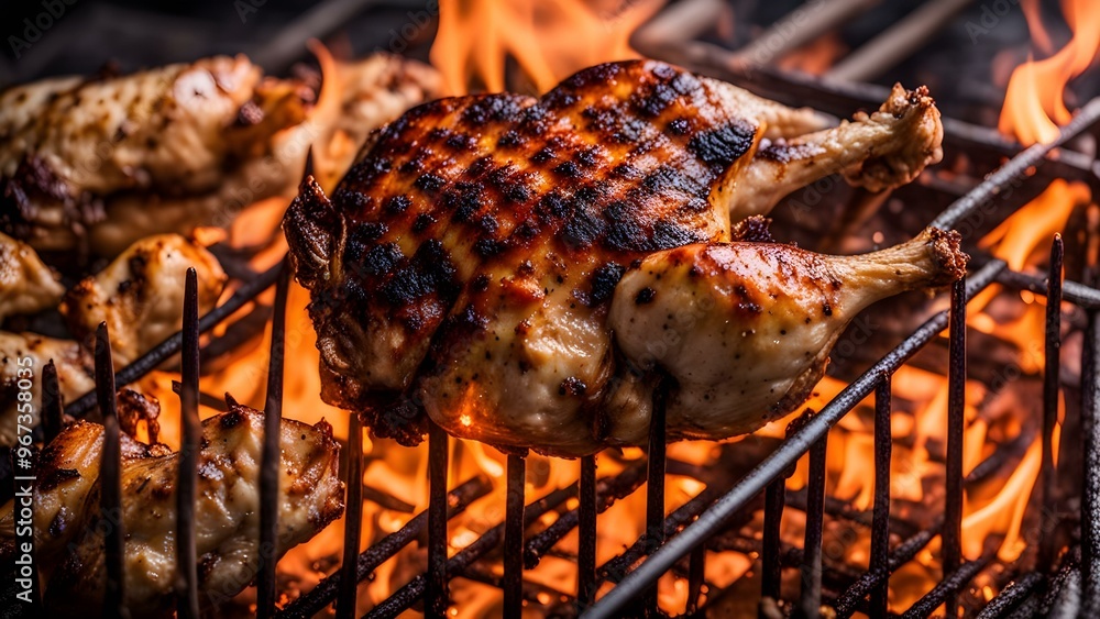 Fiery Grilled Chicken Stew on BBQ Rack with Flames and Sparks, Flames frying chicken on the ...