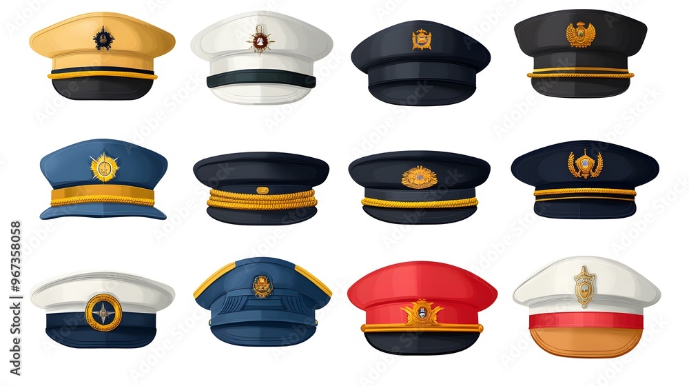 set collection of stylish navy ship military captain or high rank army ...