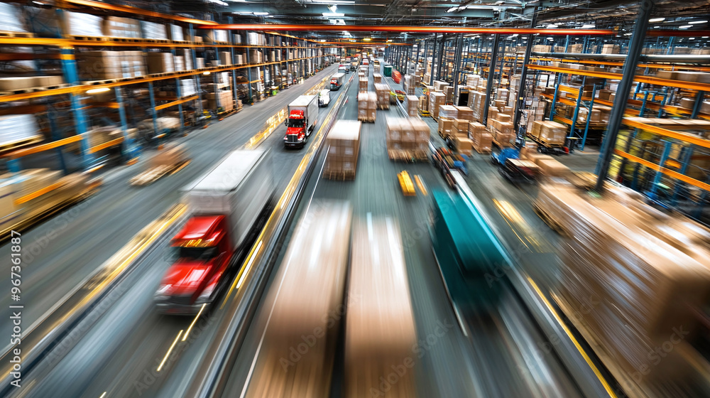 Motion blur of logistics workers walking around in a large ...