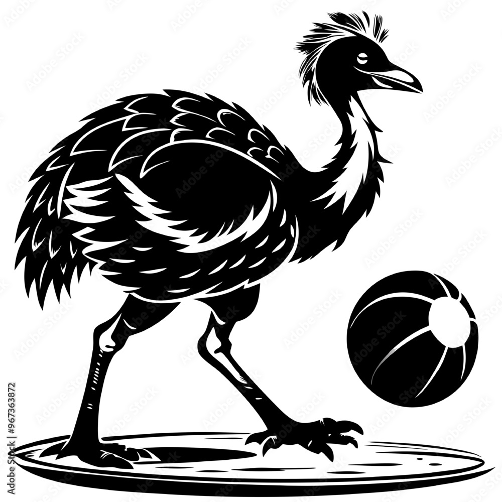 Cassowary with Beach Ball: A black and white illustration of a ...