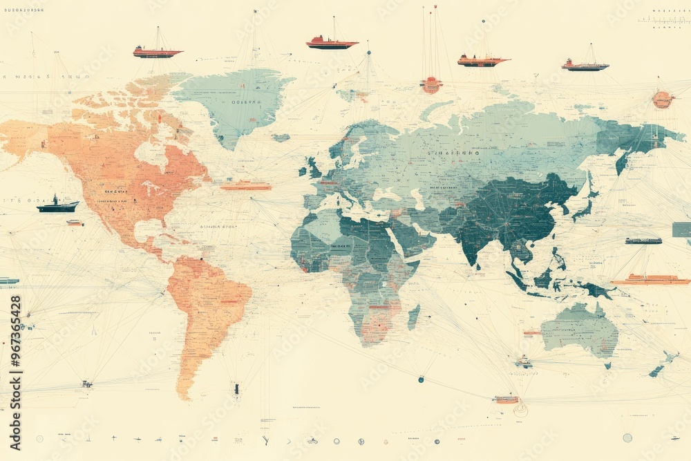 World map illustrating maritime routes and shipping vessels. Stock ...