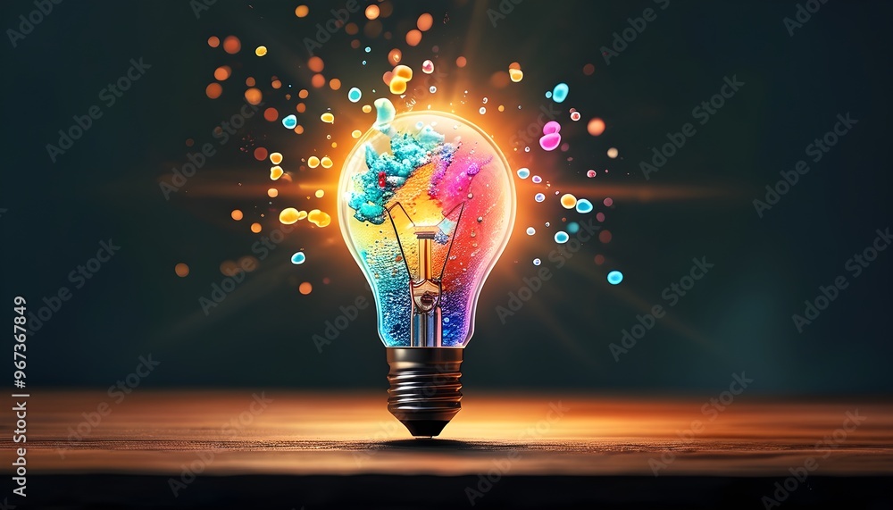 Vibrant light bulb bursting with colors represents innovation ...