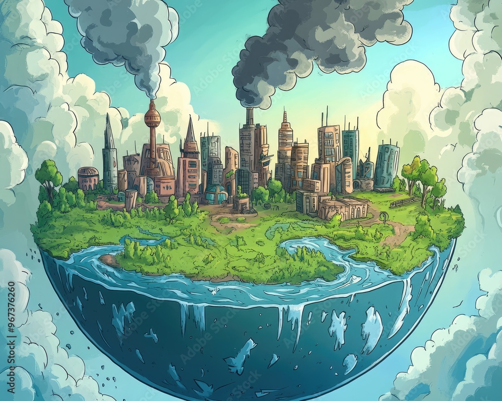 Risks Of Global Warming Depicted Through A 2d Cartoon Illustration
