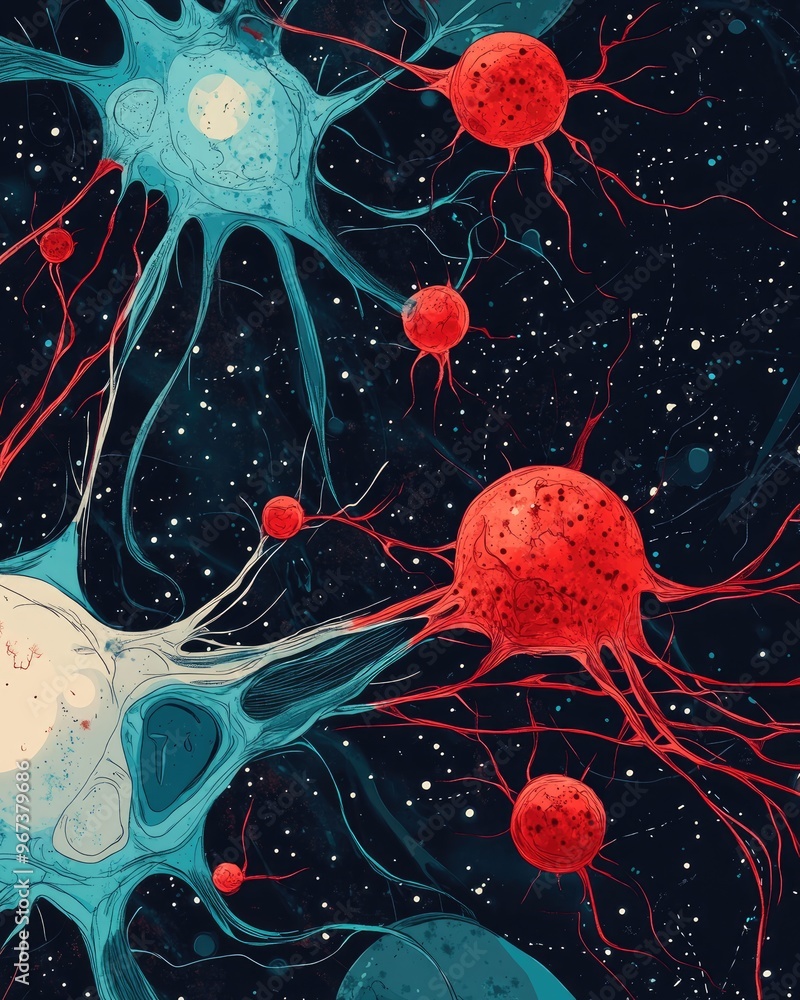 2D cartoon illustration of a neural network interconnected with stains ...