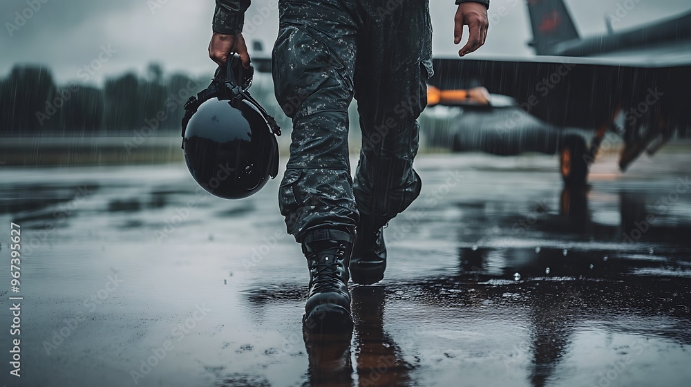 An Air Force pilot stepping down from his fighter jet, the ground slick ...