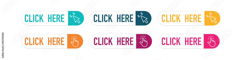Click here web buttons. Set of action button click here with arrow pointer. Vector illustration ...
