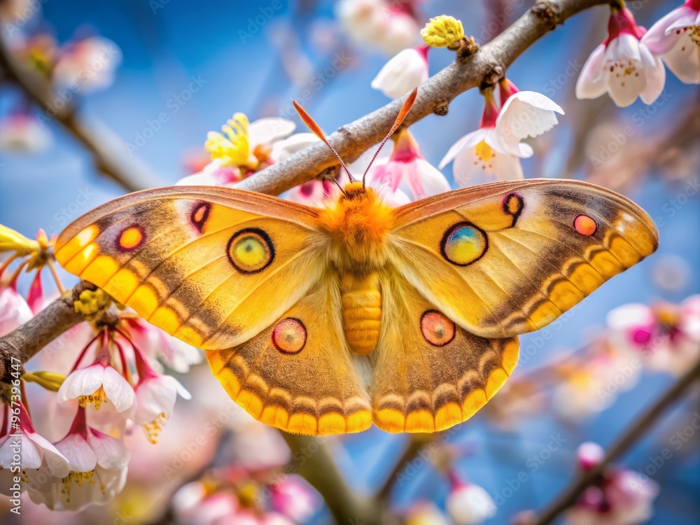 Golden yellow wings with white eyespots and dark margins unfolding from ...