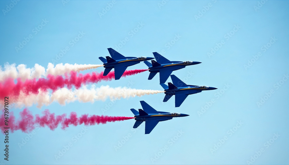 Four blue jets perform a precision maneuver in clear skies, leaving red ...