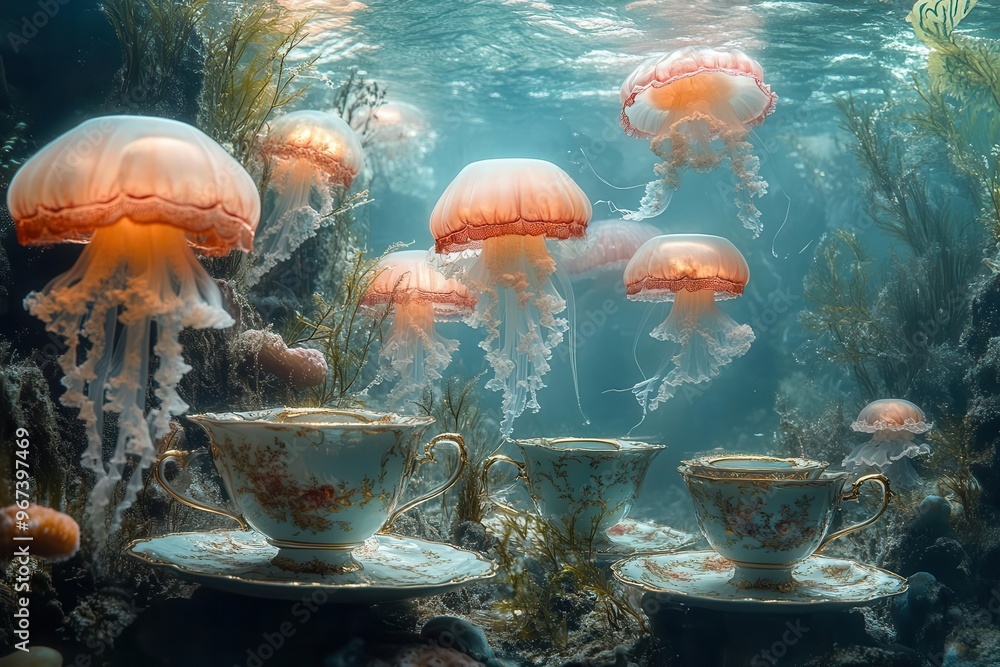 surreal underwater tea party victorianera characters floating with ...