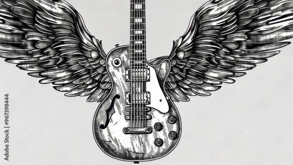 A detailed illustration of a guitar with wings showcasing artistic ...
