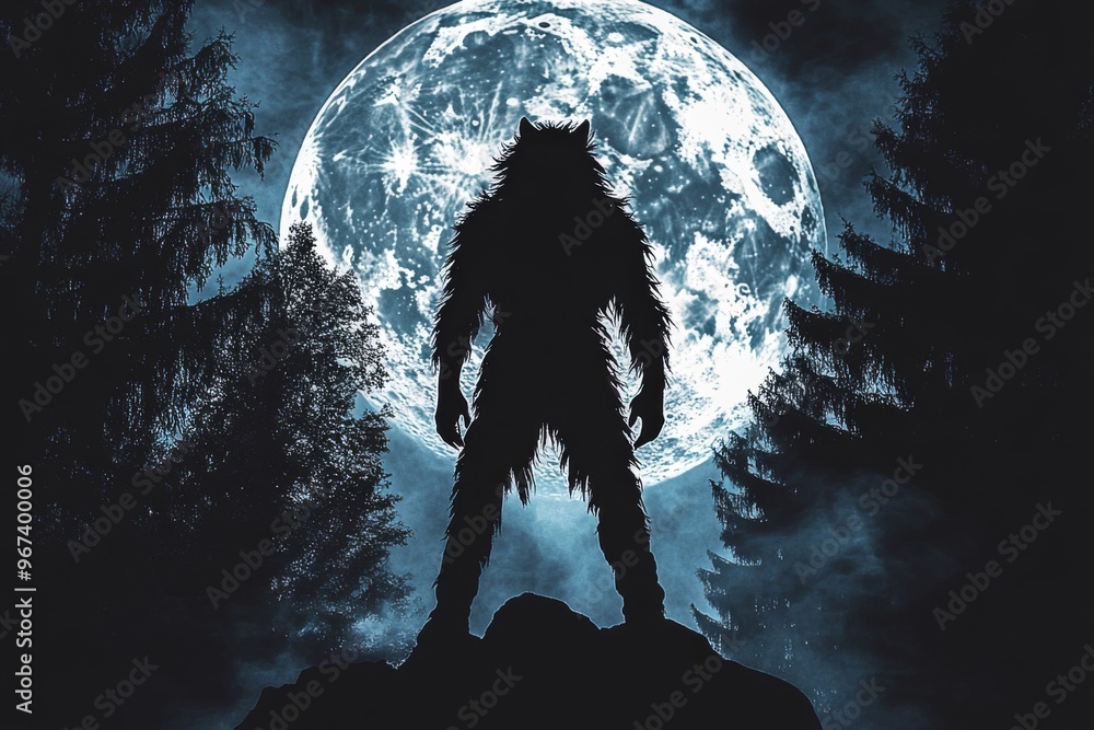 Another striking view of a werewolf silhouette standing on a rocky ...
