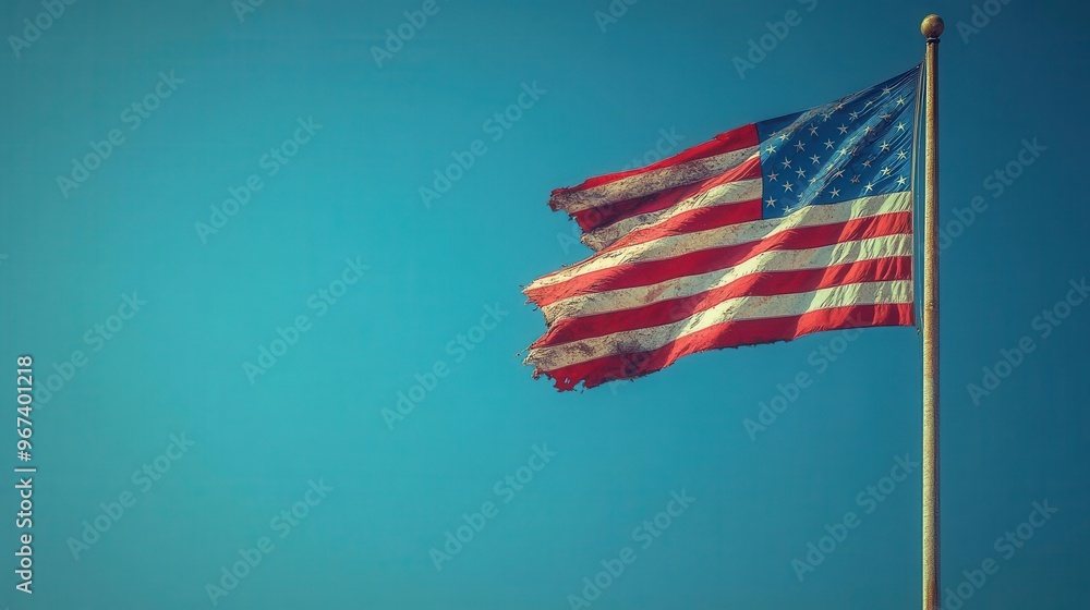 tattered american flag waving proudly clear blue sky backdrop memorial ...