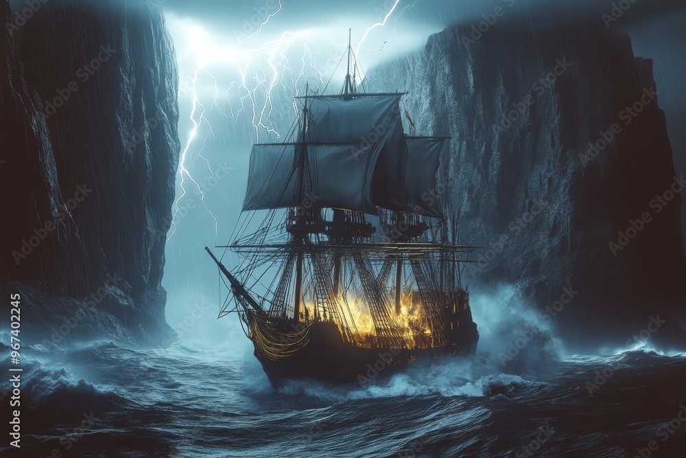 A majestic ship braving a stormy sea at night, illuminated by lightning ...