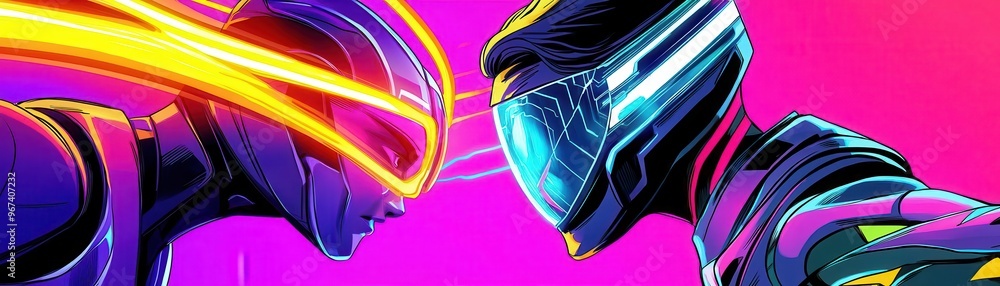 A sleek superhero wearing AI-powered armor, battling a holographic foe ...