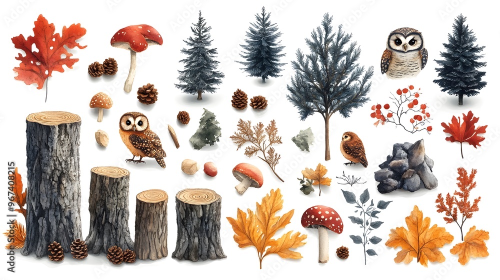 arrangement of nature-inspired icons like bushes, owls, and tree stumps ...