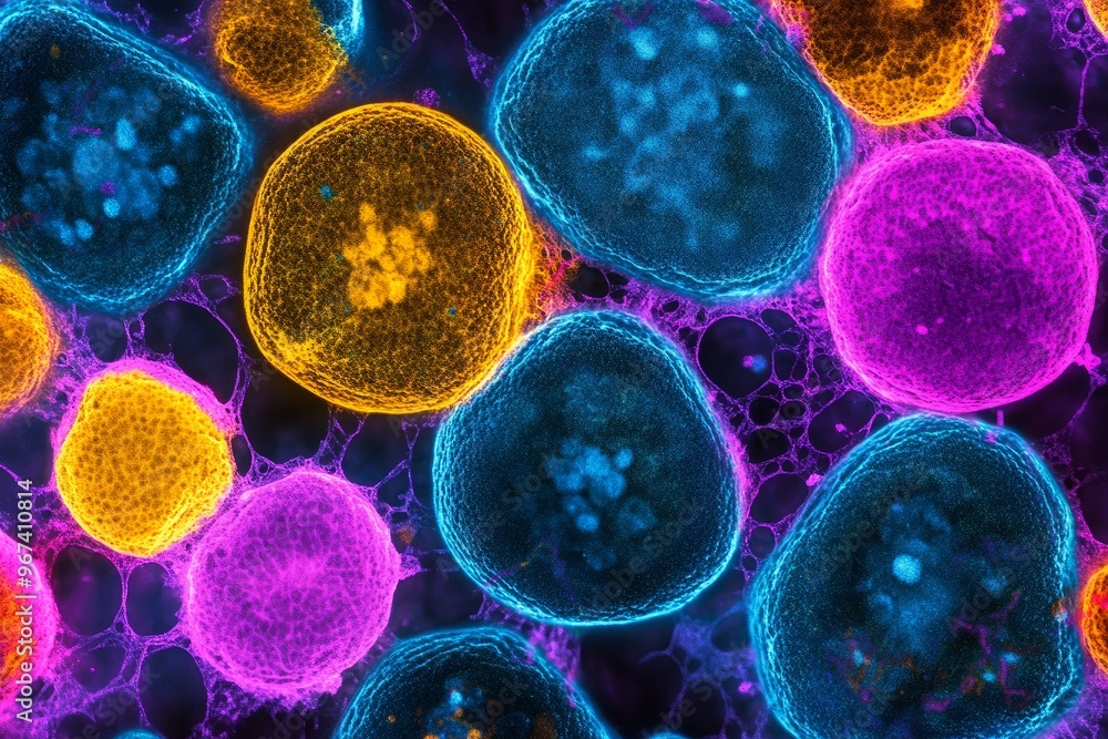 Microscopic view of vibrant, colorful cells under a lab microscope ...