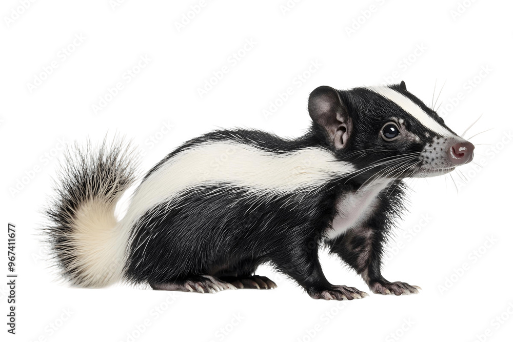Isolated close-up of a young white rat sitting on a polecat against a ...