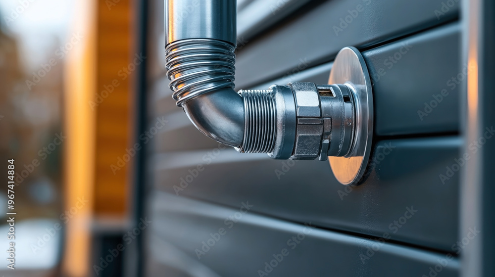Close-up view of a metal elbow pipe connection attached to an exterior ...