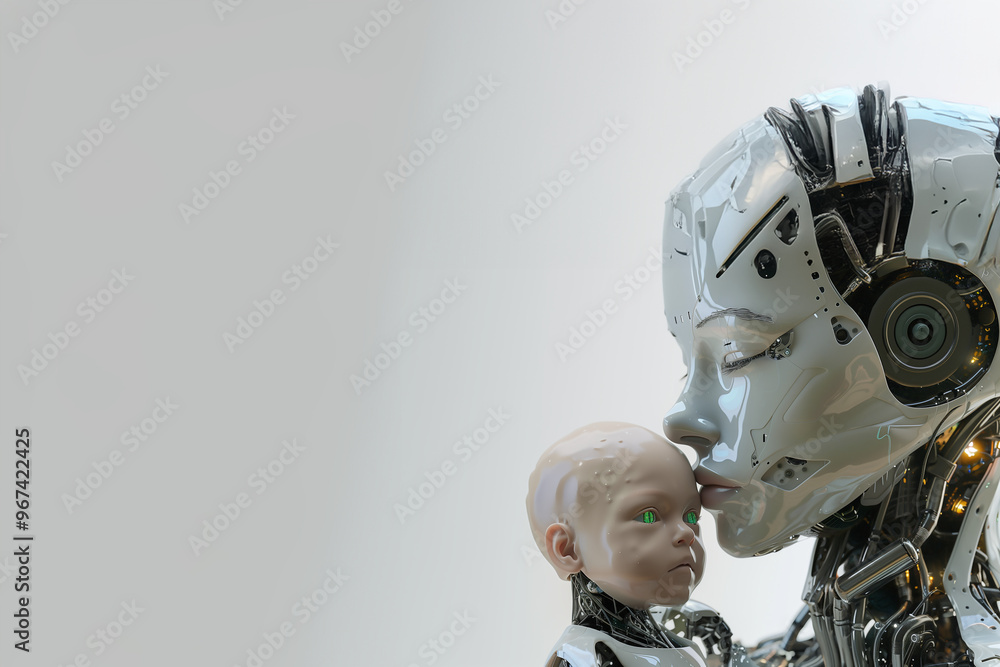 Maman robot humanoïde embrassant tendrement un bébé robot humanoïde ...
