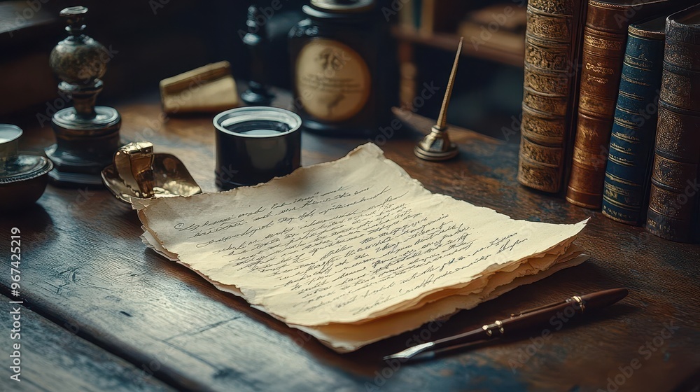 vintageinspired still life of a handwritten letter on an antique desk ...