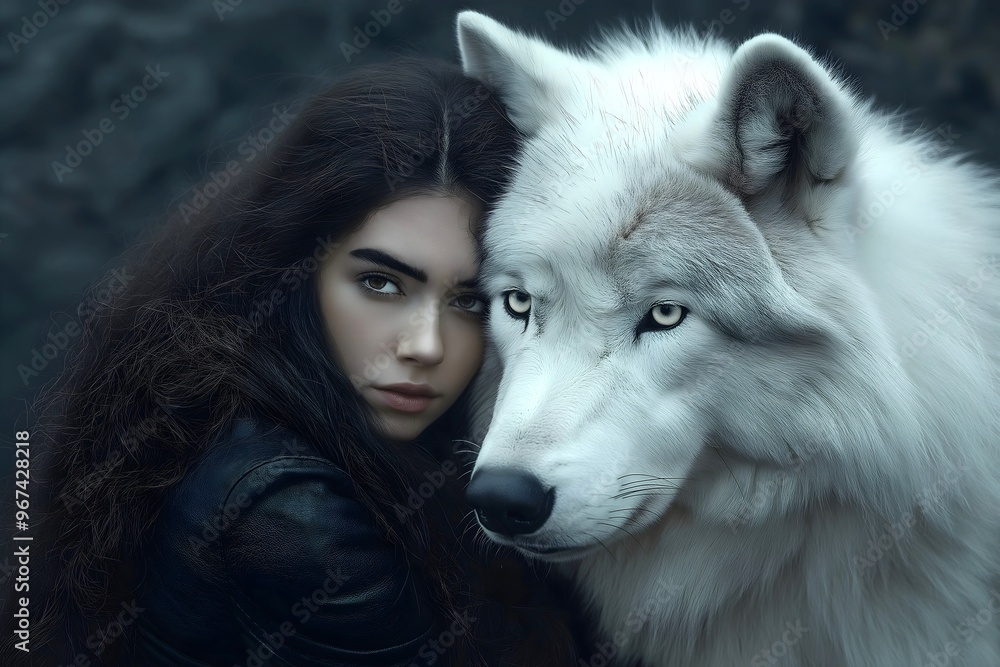 Young brunette woman and white wolf share a deep connection between ...