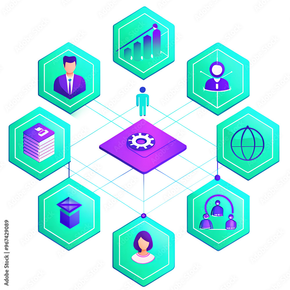 Illustration of interconnected business concepts with icons symbolizing ...