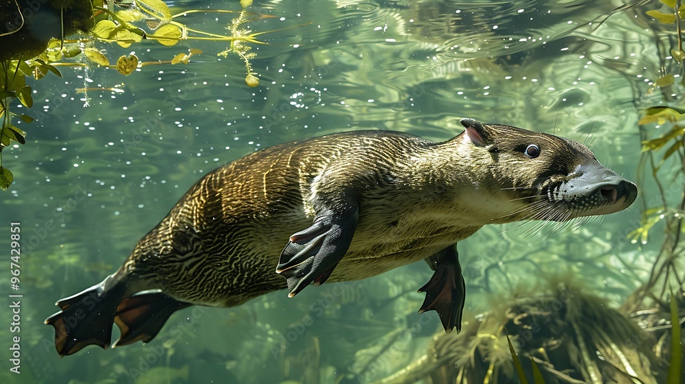 Platypus hunting underwater, using electroreception, river scene: A ...