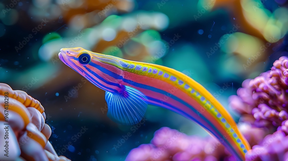 Ribbon eel changing colors as it matures, coral reef backdrop: A ribbon ...