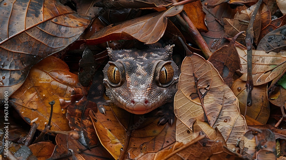 Satanic leaf-tailed gecko perfectly camouflaged on dead leaves: A Satanic leaf-tailed gecko ...
