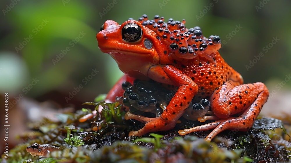 Strawberry poison dart frog carrying tadpoles on back, rainforest floor ...