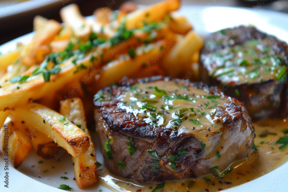 Filet de bœuf grillé avec une sauce crémeuse, accompagné de frites ...