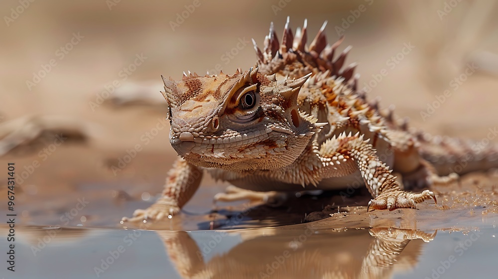 Thorny devil lizard drinking water through skin, desert scene: A thorny ...