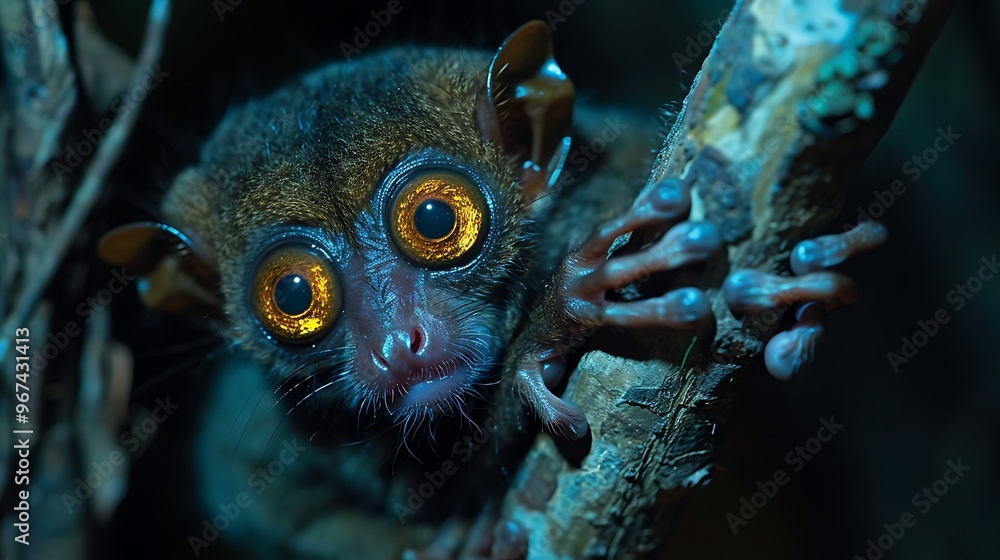 Tarsier with enormous eyes, clinging to rainforest branch at night: A ...