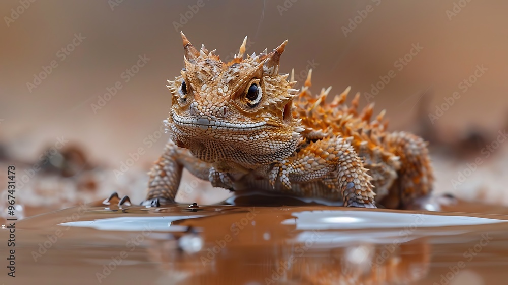 Thorny devil lizard drinking water through skin, desert scene: A thorny ...
