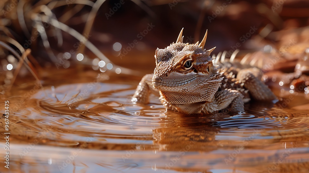 Thorny devil lizard drinking water through skin, desert scene: A thorny ...