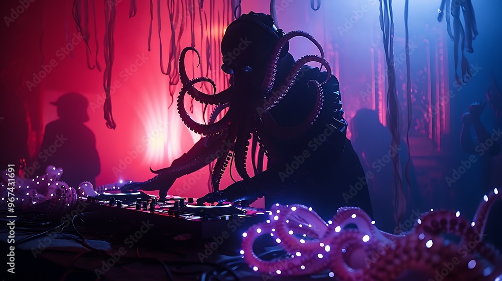 Vampire squid as DJ at deep sea rave, bioluminescent dance floor: A ...