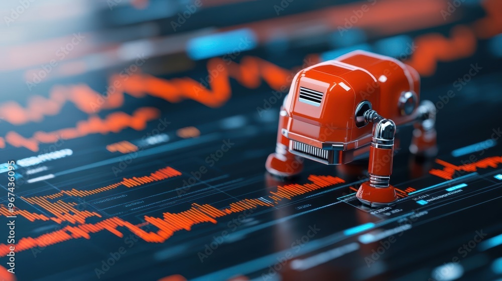 Algorithmic robot trading, market risk and volatility management, glowing financial graphs ...