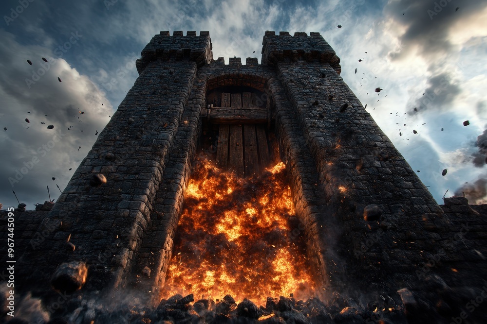 Explosive scene as a castle gate bursts into flames, sending debris ...