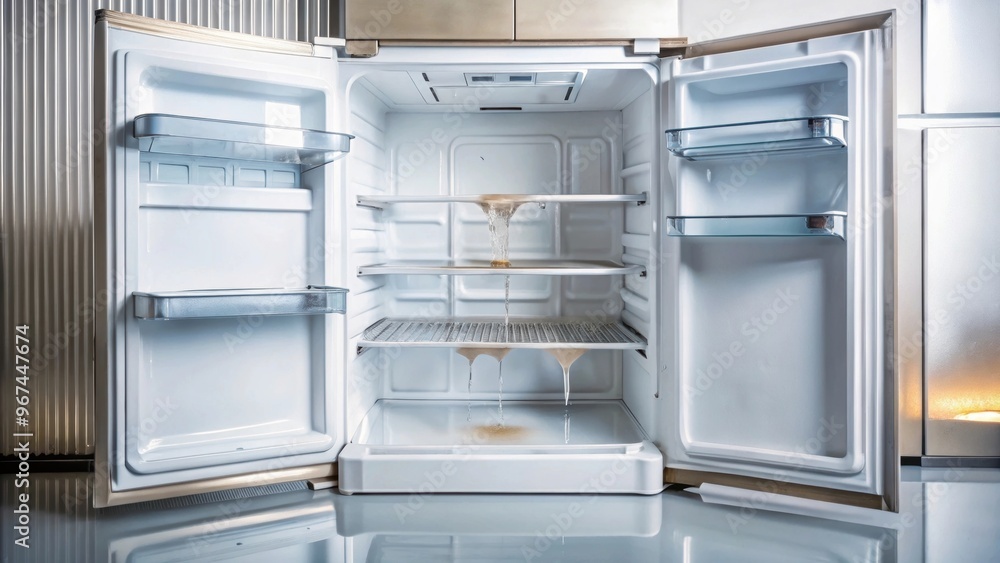 Damaged refrigerator with water dripping into drain reservoir, broken ...