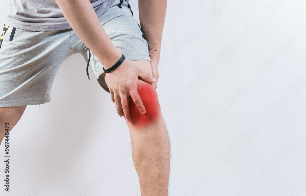 Medical problem of knee pain. Sore man with knee pain isolated. Person ...
