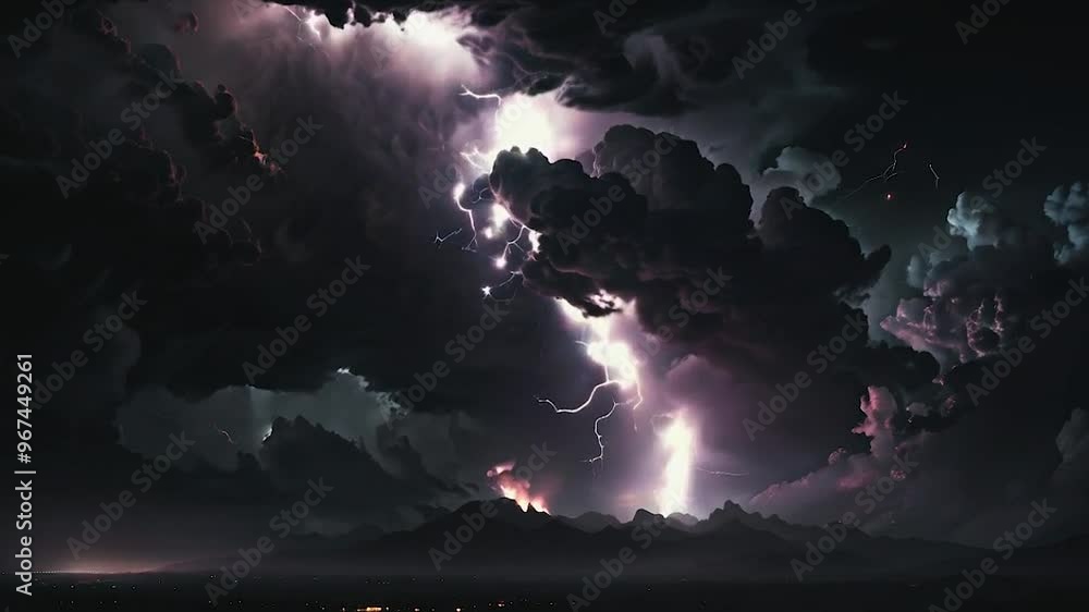 Intense thunderstorm with dark, ominous clouds and violent lightning ...