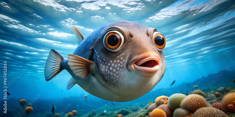 In the crystal-clear waters, a chubby fish with big, round eyes and a ...